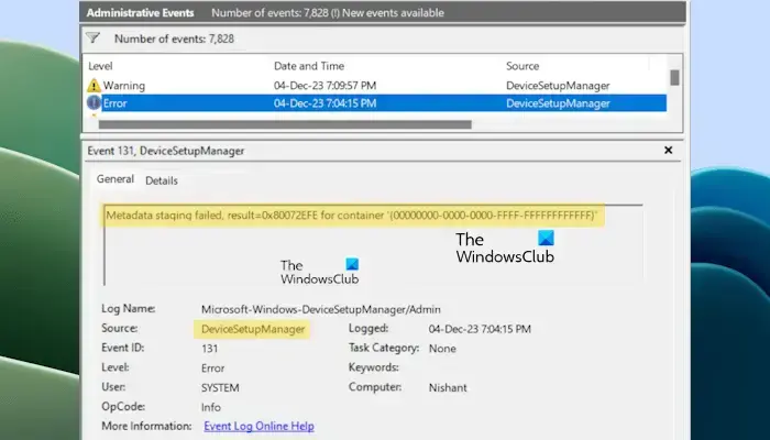 ID sự kiện 131, dàn dựng siêu dữ liệu không thành công trong Windows 11/10: keo7mdotco